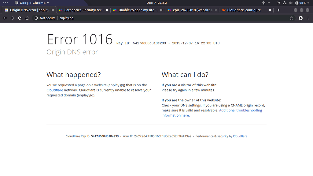 Error 1016 after enable Cloudflare from infinityfree cpanel - Hosting ...